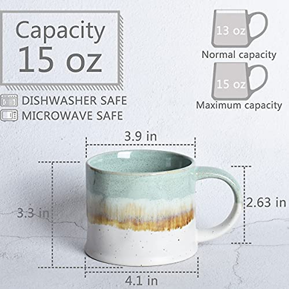 Bosmarlin Medium Ceramic Coffee Mug Set of 2, 15 oz, Big Stoneware Tea Cup for Office and Home, Dishwasher and Microwave Safe (Green, 2)