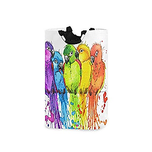 DOMIKING Laundry Storage Basket Collapsible Organizer - Funny Parrots Laundry Hamper for Kids Room Dirty Cloth Toy Dorm Bag with Handle