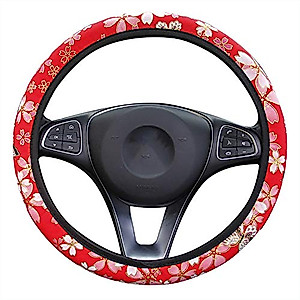 RANXIZY Handmade Japanese Sweet Sakura Cherry Blossom Steering Wheel Cover for Girls,Universal Fit Elastic Stretch on Car Accesories(Red Plum)
