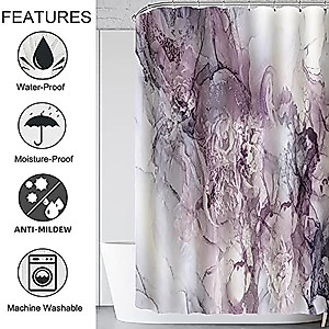 4pcs Marble Shower Curtain Bathroom Set, Abstract Marble Pattern Bathtub Accessory Kit with Bath Rugs Non-Slip Mat Toilet Seat Cover, Luxury Complete Wet Room Decor (Purple)