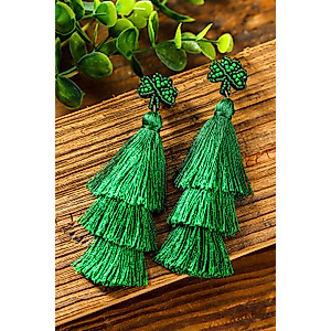 St.Patricks Day Earrings Green Clover Shamrock Beaded Earrings Handmade long Tassel Statement Dangle Earrings Jewelry for Women (St.patricks Earrings A)