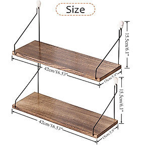 Floating Shelves for Wall No Drilling 16.53 Inch 2 Sets Rustic Natural Wooden Shelf Wall Mounted Storage 3 Mounting Option Renter Friendly Shelf for Bathroom Living Room Bookshelf Kitchen (Dark Brown)