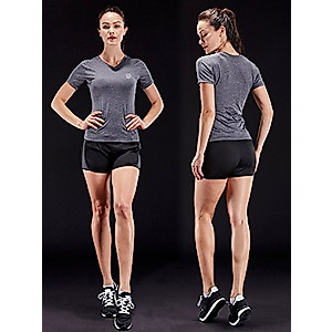NELEUS Women's 3 Pack V Neck Compression Running Shirt Workout Clothes,8016,Black/Grey/Burgundy,Medium