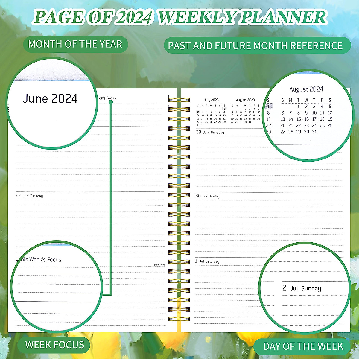 2024 Planner, Daily Weekly Monthly Planner with Tabs, 8.5" x 6.4", Hardcover, Elastic Closure, Inner Pocket, Floral Agenda Organizer & Calendar Jan 2024 to Dec 2024, Green Flower