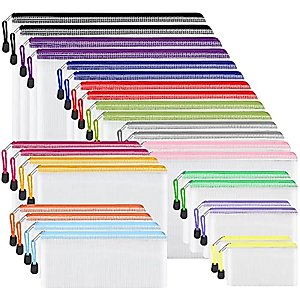 EOOUT 28pcs Mesh Zipper Pouch Bags 8 Sizes Waterproof Zipper Bags, 14 Colors Waterproof Plastic Document Pouch, Multipurpose for Travel Storage, School Supplies, Office Appliances and Home Organize