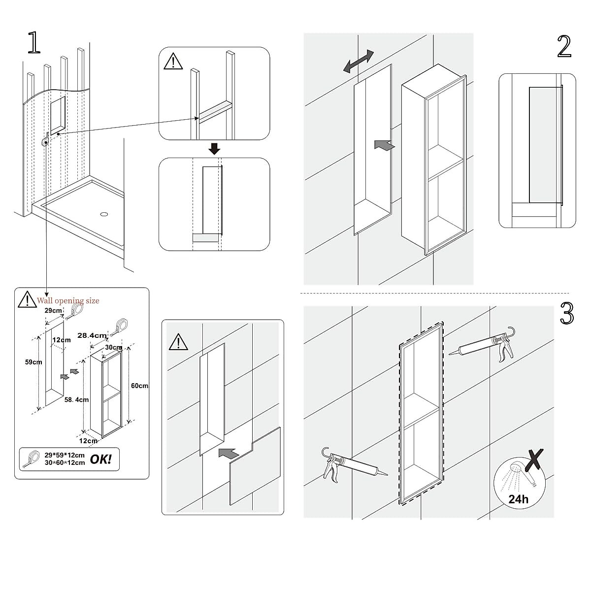 Sunrosa Black Shower Niche Stainless Steel, Ready for Tile, Waterproof 11.8" x 23.6" Bathroom Recessed Niche with 1 Divider, Organizer Storage for Shampoo & Toiletry Storage