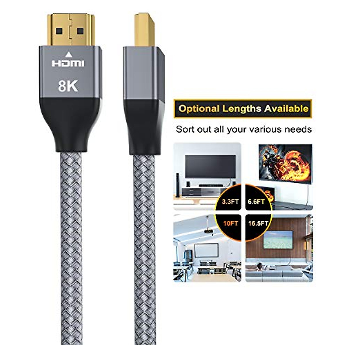 Basesailor 8K 60Hz HDMI Cable 6.6FT 2 Pack,48Gbps 7680P Ultra High Speed Cord for Apple TV,Roku,Samsung QLED,2.0 2.1,Sony Playstation,PS5,6FT,Xbox One Series X,eARC HDR HDCP 2.2 2.3,4K 120Hz 144Hz