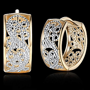 14K Gold Silver Wide Filigree Hoop Earrings Hollow Carved Flower Texture Earrings For Womens Men