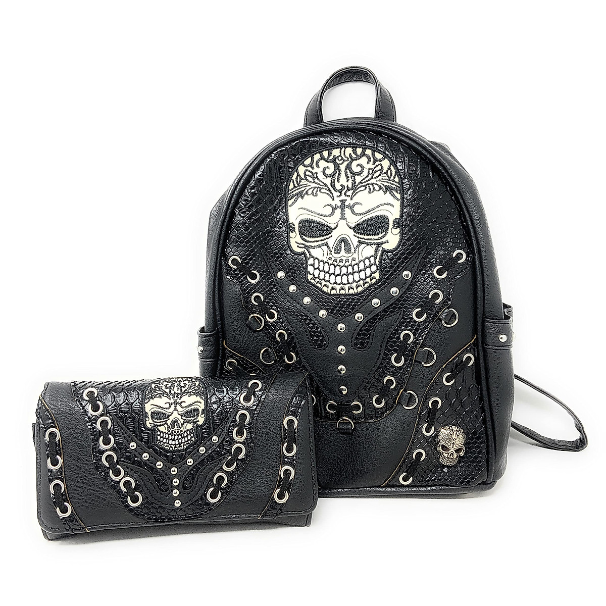 Texas West Large Sugar Skull Day of the Dead Daypack Concealed Carry Backpack Women Travel Biker Purse Wallet Set (Beige)
