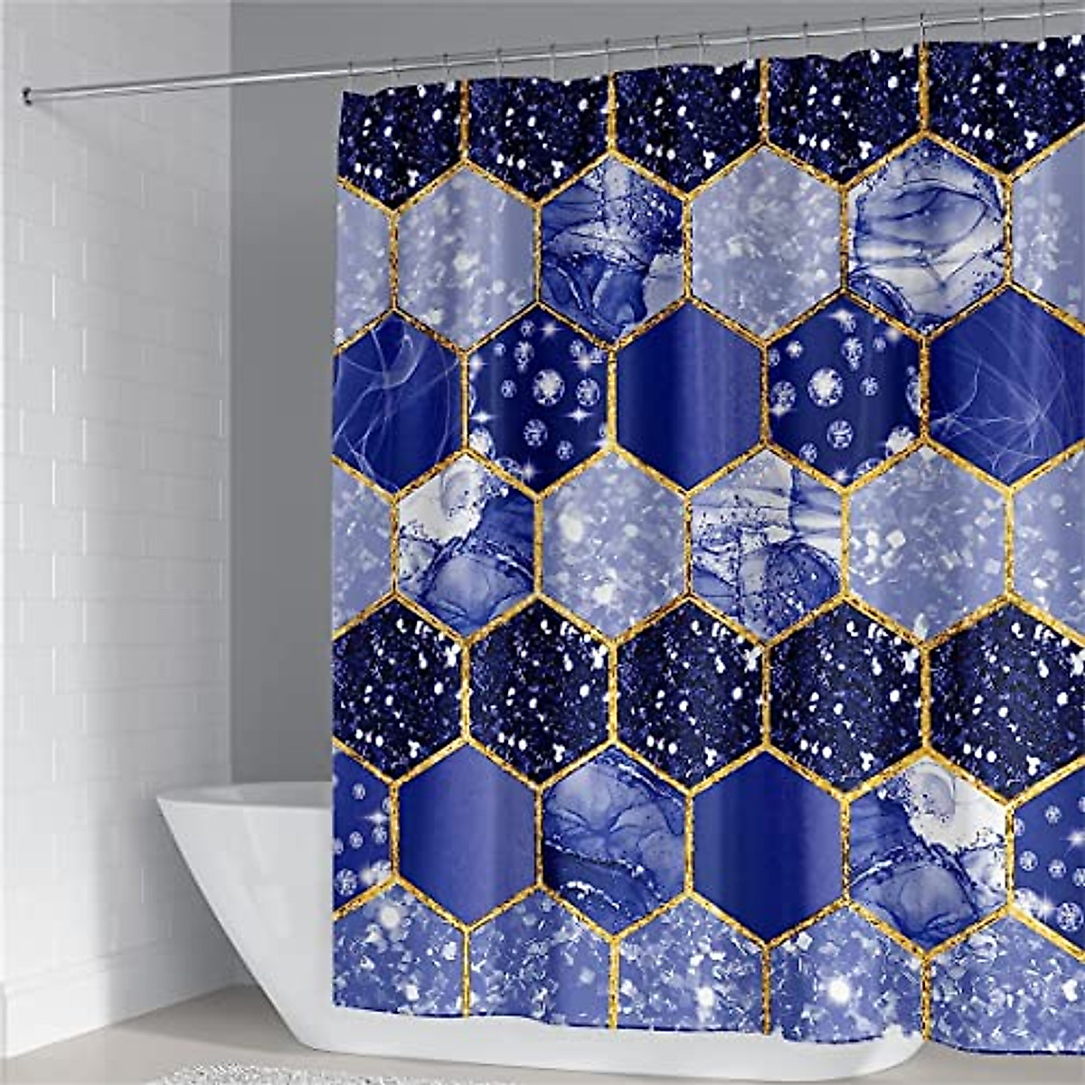4PCS Glitter Marble Shower Curtains with Rugs Bath Mat Toilet Lid Cover and 12 Hooks Waterproof Bling Marble Bathroom Shower Curtain Set