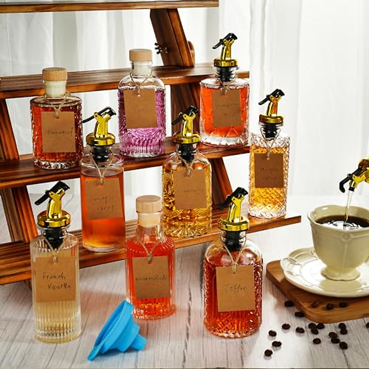 KAMJUNTAR Coffee Syrup Dispenser Set of 10, Glass Syrup Dispenser for Coffee Bar 7oz Simple Syrup Bottles Small Syrup Bottles for Coffee Bar and Home Use, Vintage Glass Bottles