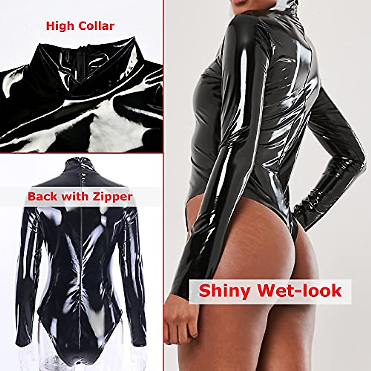LESOYA Women's Sexy Wetlook PVC Leather High Neck Long Sleeve High Cut Thong Leotard Bodysuit Catsuit