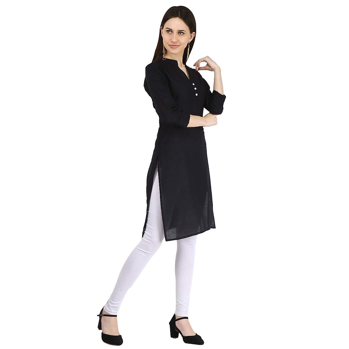 Ramkudi Indian Women's Plain Cotton Kurti Black Top