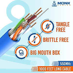 MONK CABLES | CAT6 Plenum Cable 1000ft | UTP, 23AWG, 550MHz | DSX-8000 Certified | Most Certified Cable of The Whole Market (Blue)