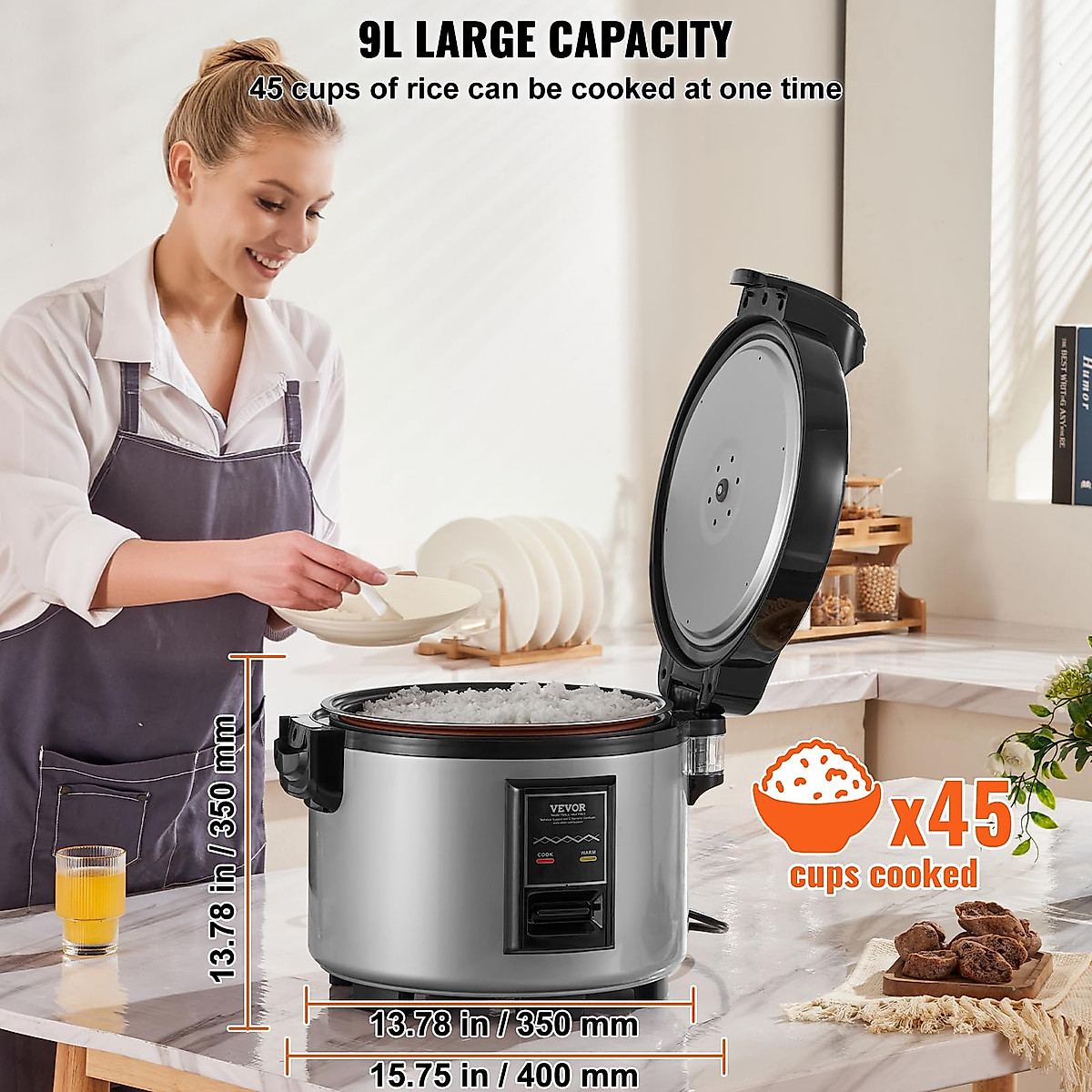 VEVOR Commercial Rice Cooker, 9.51Qt/45 Cups Cooked Rice, Large Rice Cooker and Warmer with Nonstick Inner Pot, Fast Cooking and 12-Hour Keep Warm, with Rice Cup and Paddle, for Restaurant