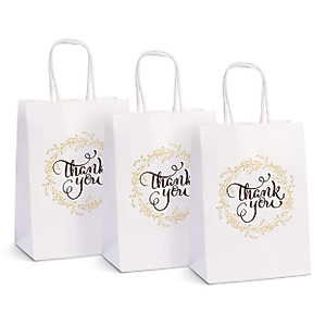 OSpecks 50 Count Small Thank You Gift Bags Bulk with Handles, White Kraft Paper Bags for Retail Shopping, Wedding, Goodies, Merchandise for Customers or Guests, Size 5.25 x 3.75 x 8 Inches