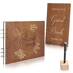 Creawoo Wooden Wedding Guest Book Reception Sign in Guestbook with Table Sign, Pen & Holder, Hardcover Memory Registry Photo Album with 90 White Pages for Wedding, Baby Shower, Birthday-11 x 8.5"