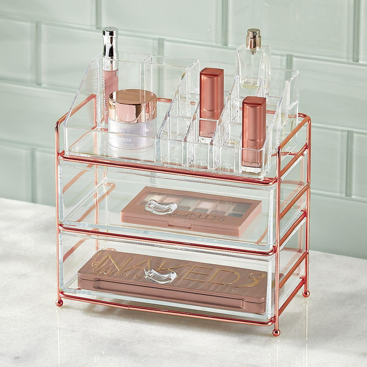 mDesign Plastic Cosmetic Storage Organizer Station with 2 Drawers and 16 Divided Sections for Bathroom, Cabinet, Vanity, Countertop - Holds Makeup Palettes, Brushes, Blush, Mascara - Rose Gold/Clear