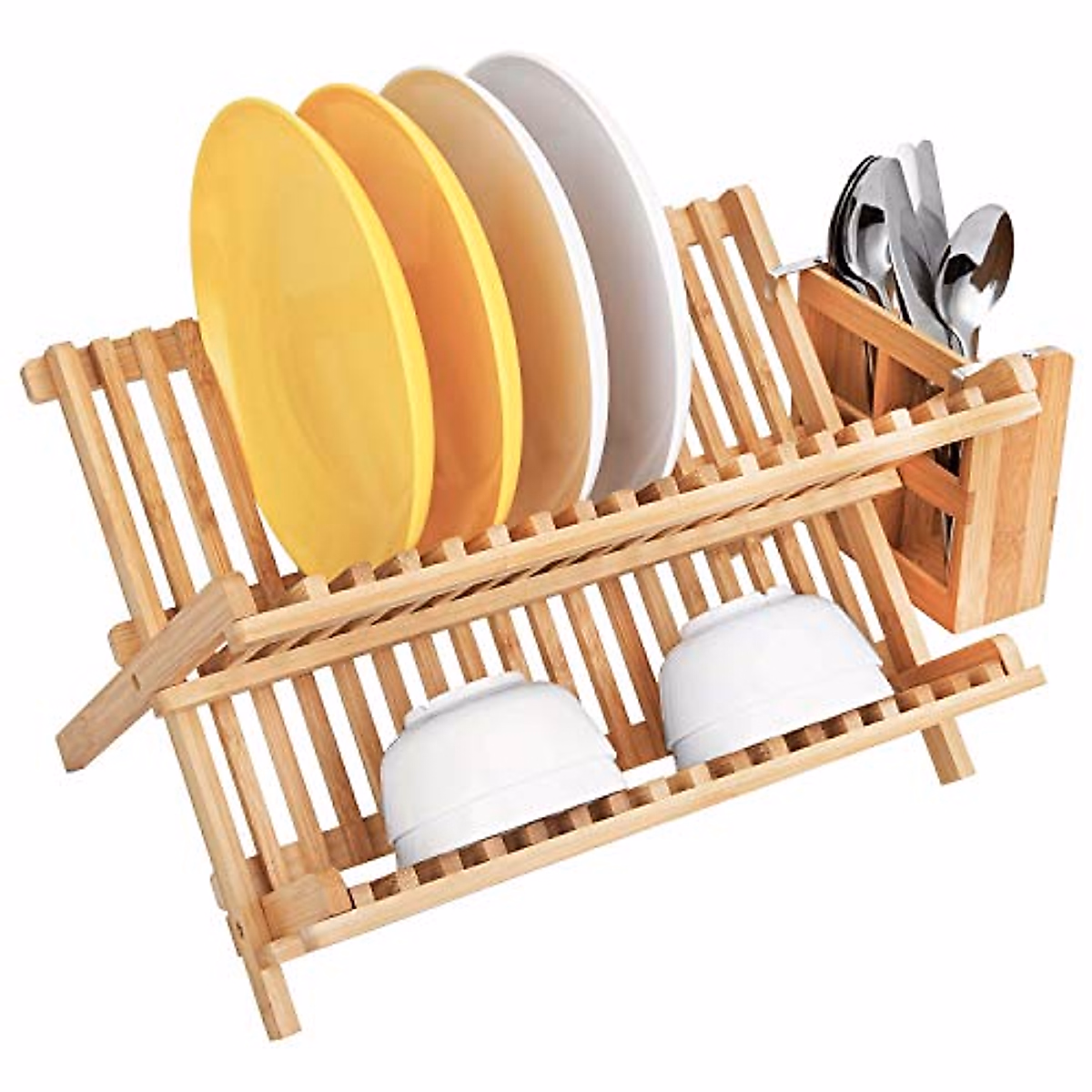 Lawei Bamboo Dish Drying Rack with Utensil Holder - Collapsible Dish Drainer Foldable Dish Rack Bamboo Plate Rack for Plates, Cups, Mugs, Utensil, Flatwares