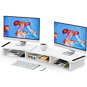 Zimilar 2 Pack Monitor Stand Riser, 3 Height Adjustable Monitor Stand with Unique Star Mesh for Computer + Dual Monitor Stand Riser, Monitor Stand with Adjustable Length and Angle, Wood Monitor riser