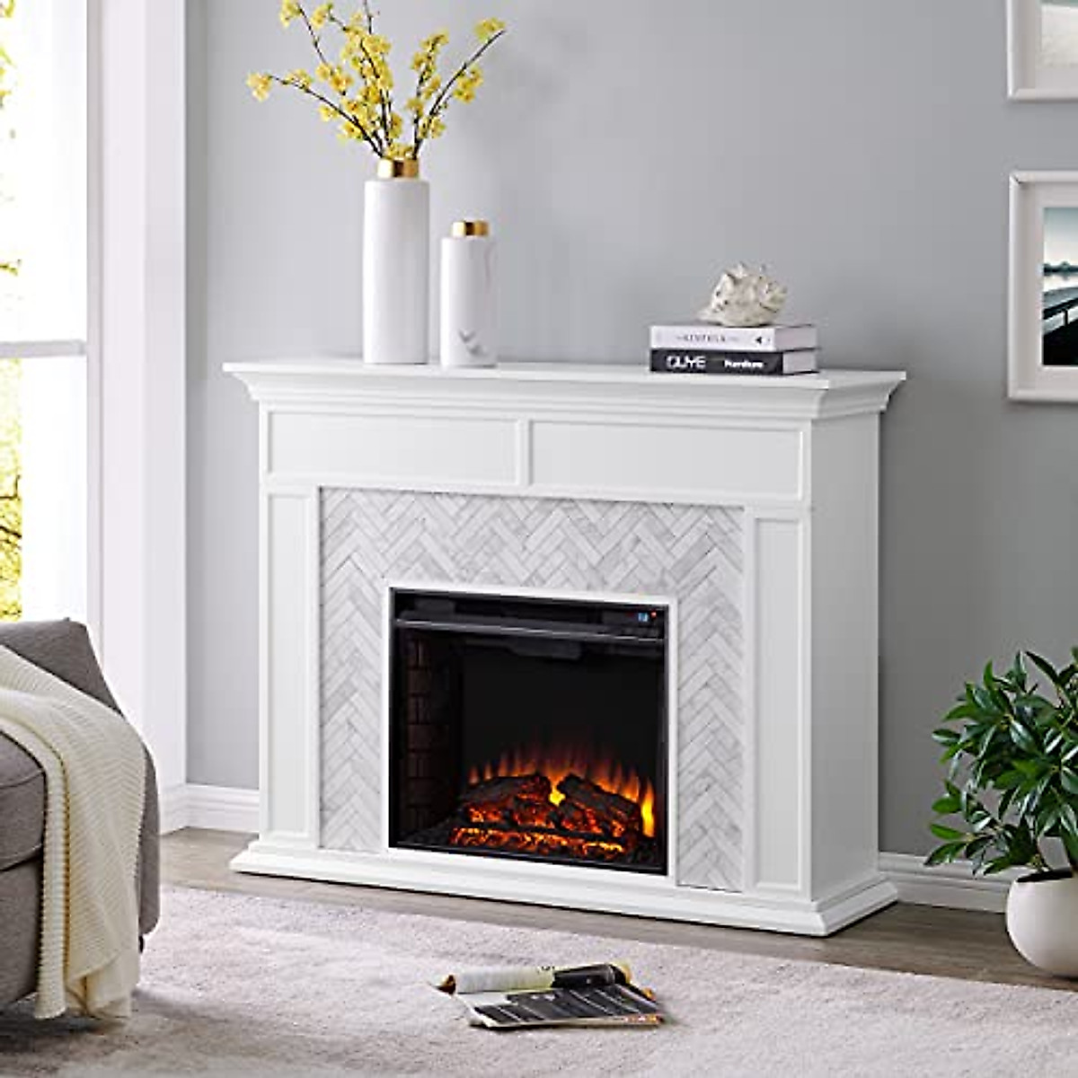 SEI Furniture Torlington Tiled Electric Fireplace, White, Gray Marble, 15" D x 50" W x 39" H