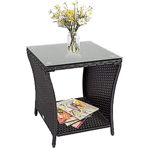 JSUN7 Outdoor Wicker Side Table - Outdoor Side Tables for Patio, Square Patio Bistro Table, Outdoor End Tables with Storage and Glass Top, Outdoor Furniture for Courtyard, Balcony, Black