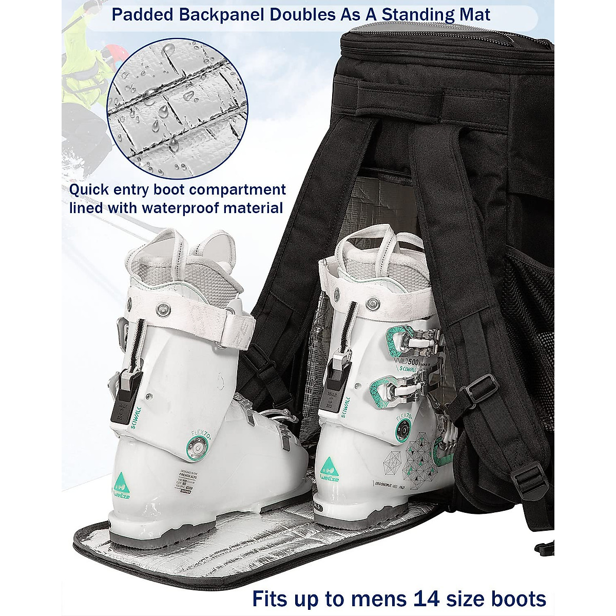 DAUSROOB Ski Boot Bag Snowboard and Ski Backpack 50L Padded Travel Boot Bag for Snowboard Boots, Helmet, Goggles, Gloves Durable Unisex Ski Bag