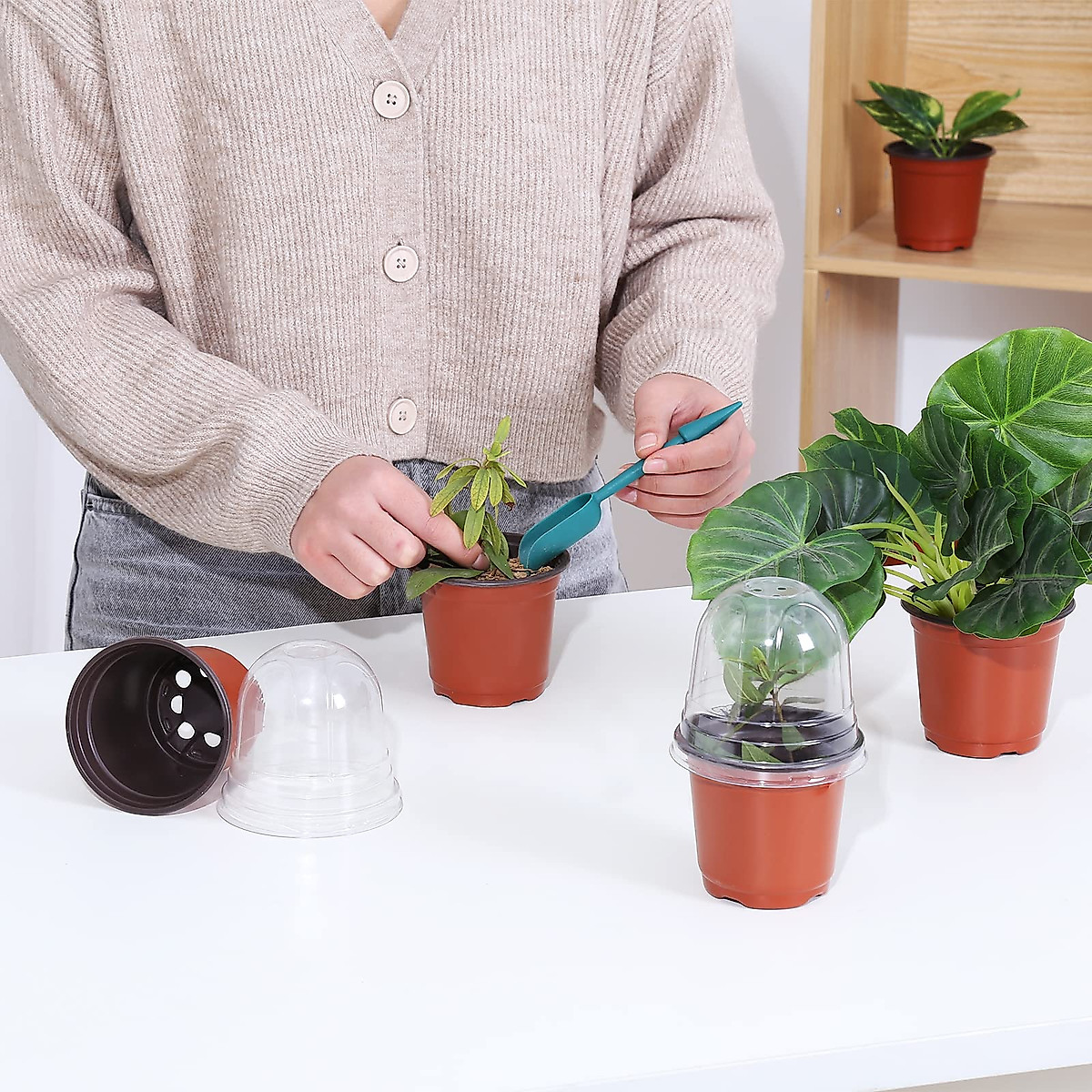 JERIA 60 Sets 4" Plastic Plant Nursery Pots with Humidity Domes,(60 Pots + 60 Clear Lids),Seedling,Flower Plant Container and Seed Starting Pots with 100pcs Plant Labels