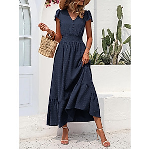 PRETTYGARDEN Womens Summer Boho Maxi Dress Short Sleeve Swiss Dot Flowy Long Dress V Neck Smocked Waist Beach Party Sun Dress(Navy, Large)