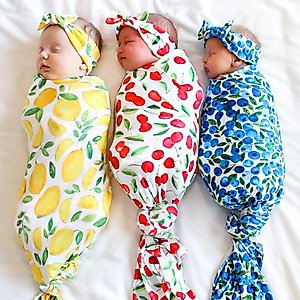 CHUNGEL 3 Pack Receiving Blanket with Headbands Newborn Baby Swaddle Blankets Beanie Hat Headband Sets, Swaddle Sack, Receiving Blankets Infant Baby Gifts