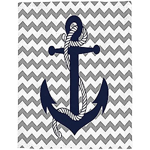Flannel Fleece Luxury Lightweight Cozy Couch/Bed Super Soft Warm Plush Microfiber Throw Blanket,Nautical Navy Anchor with Gray and White Chevron (40 x 50 Inches)