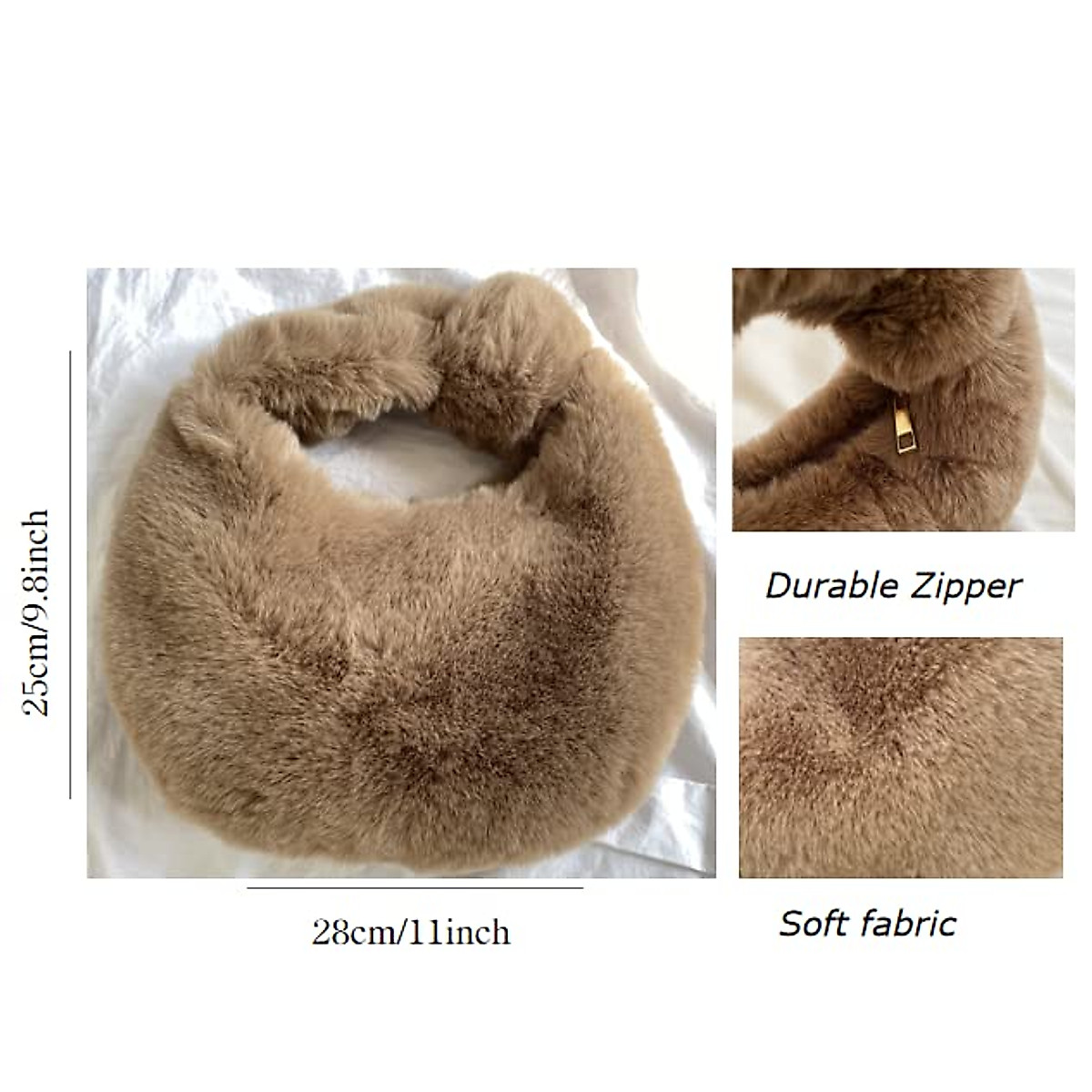 XPONNI Fuzzy Dumpling Bag, Cute Fluffy Bags Y2k, Cute Mini Handbags, Faux Fur Bag with Zipper, Soft Knotted Bag