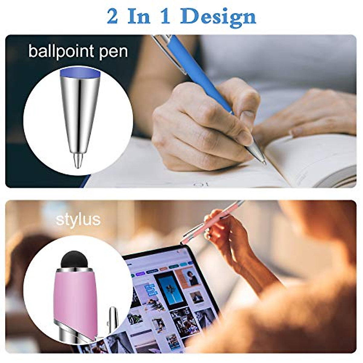 12 Pieces Ballpoint Pen with Stylus Tip, 1.0 mm Black Ink Metal Pen Stylus Pen for Touch Screens, 2 in 1 Stylus Ballpoint Pen (Mixed Color)