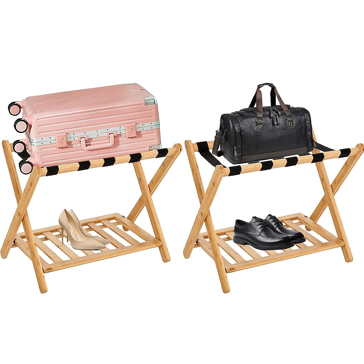 koyasiry Fully Assembled Luggage Rack,2-Packed,Foldable Bamboo Luggage Rack for Guest Room Suitcase Stand with Nylon Straps,Luggage Stand Bamboo Luggage Holder with Shelf for Bedroom,Hotel,No Assembly