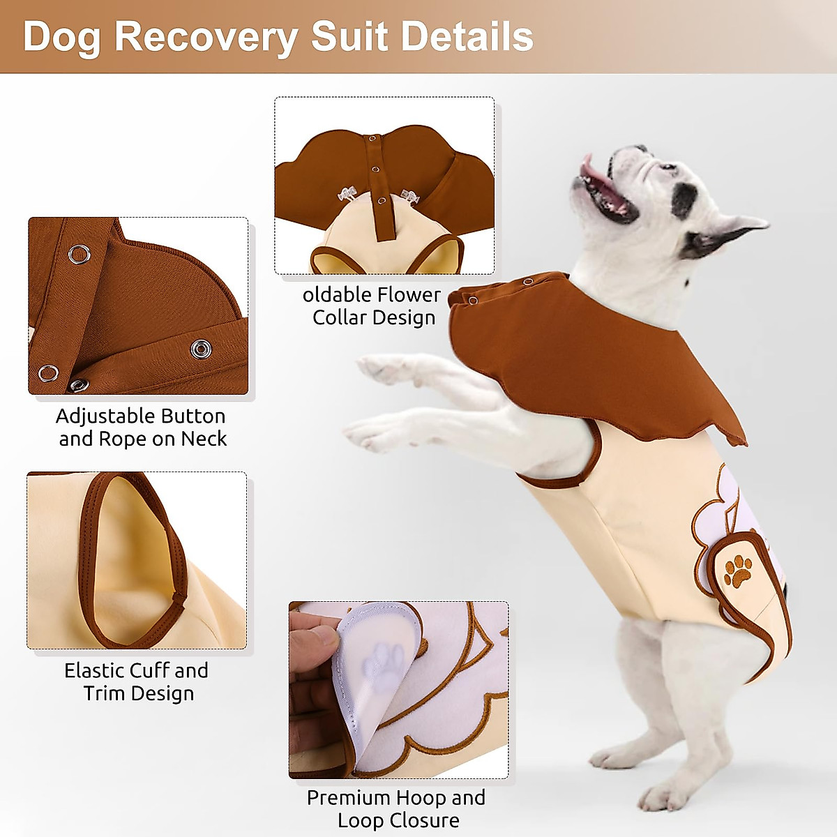 SAWMONG Dog Surgery Recovery Suit with Foldable Cone, Stretch & Cotton Dog Spay Surgical Suit for Female Dogs, After Surgery Dog Onesie with Adjustable Rear Flap, Medium