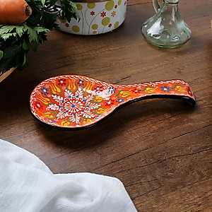 BCS Spoon Rest Set of 2 - Ceramic Spoon Holder for Stovetop & Kitchen Counter - Dishwasher Safe Handmade Kitchen Utensil (Green-Orange 4.5” W x 9" L)