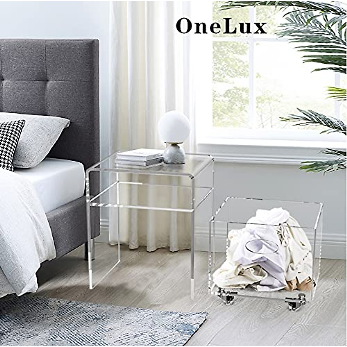 ONELUX 2088 Clear Acrylic nightstand with an Extra Storage Basket on Wheels,Clear Decorative End Table/Home Decor Display Tables,Bathroom Side Tables