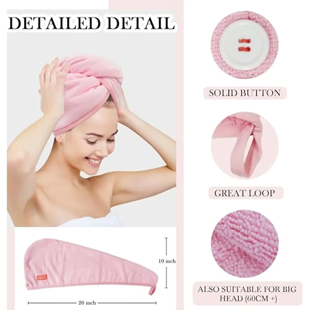 YoulerTex Microfiber Hair Towel Wrap for Women, 2 Pack 10 inch X 26 inch, Super Absorbent Quick Dry Hair Turban for Drying Curly, Long & Thick Hair (Pink)