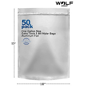 50 Pack 1 Gallon Mylar Bags for Food Storage, 10 Mil Thick Mylar Storage Bags 10"x 15" with Ziplock Resealable for Grains and Long Term Food Storage