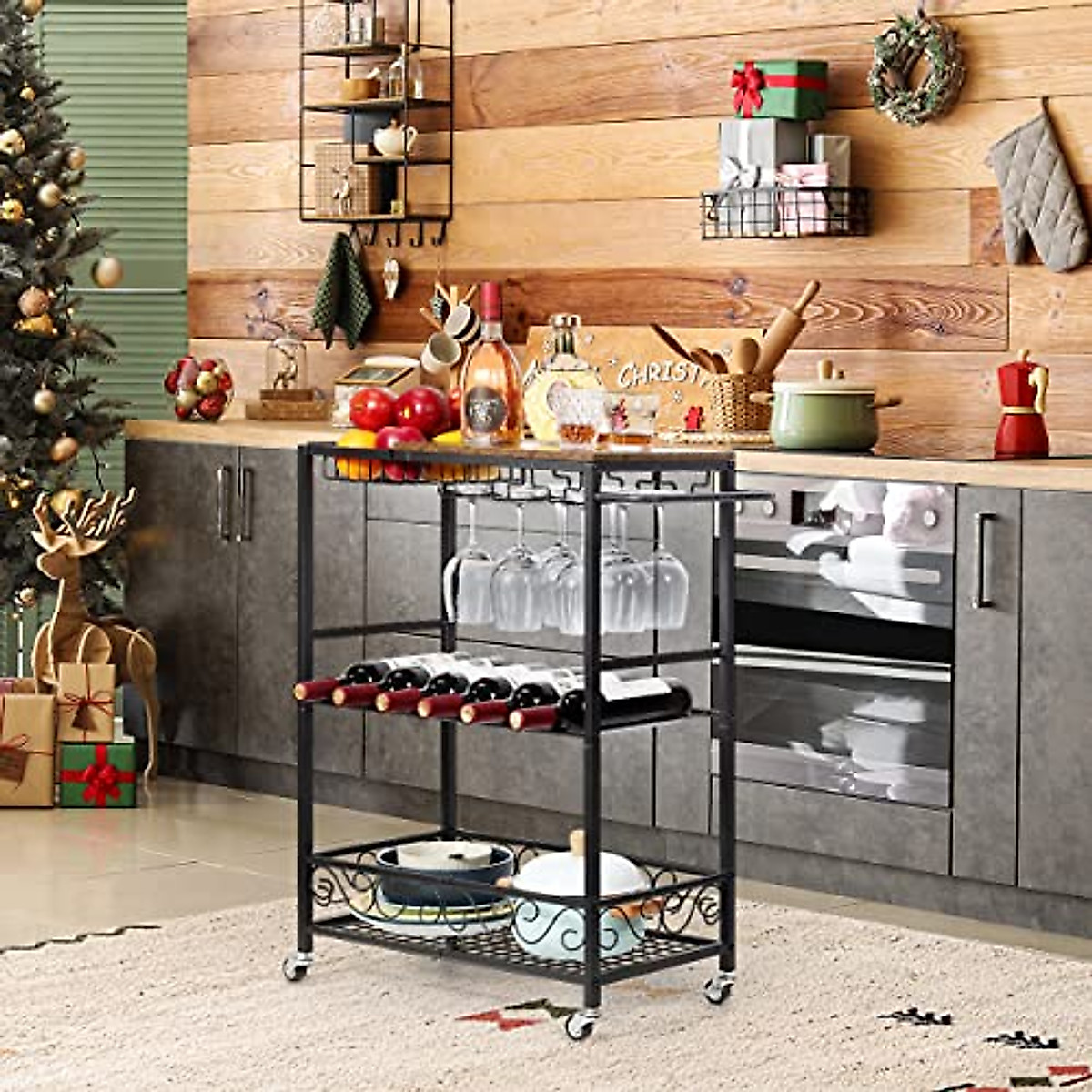 melos Bar Cart, Mobile Bar Serving Cart, Rolling Wine Cart with Glass Stemware Rack and Wine Bottle Holders, ndustrial Vintage Style Kitchen Serving Cart for, Kitchen(Brown)