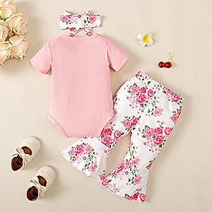 Tokidaring Infant Baby Girl Romper Bodysuit Tops Flared Bell Bottom Pants Cute Summer Outfits with Headband 3-6M Pink