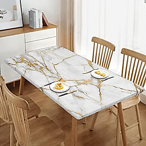 mutakin Marble White Rectangle Tablecloth Reusable Elastic Edge Table Cover Waterproof for Patio Dining Decoration 60" L X 30" W