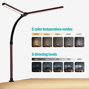 DUKTIG LED Desk Lamp for Women, Double Head Architect Desk Lamp, Bright Desk Lamps with Clamp, 5 Color Modes and Dimmable Tall Desk Lamps for Home Office, Studio (24W, Crimsonb Red)