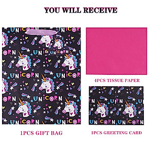 JWSCYSY 12.6" Large Gift Bag with Card and Tissue Paper - Black Pink Unicorn Gift Bag for Girls Birthday.