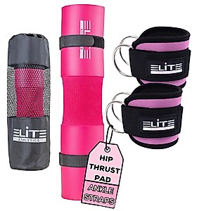 Elite Athletics Barbell Squat Pad for Women & Pair of Gym Ankle Straps for Cable Machines with Secure Straps & Carry Bag - Pink Hip Thrust Foam Squat Bar - Thick Foam Cushion