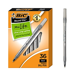 BIC Round Stic Xtra Life Ball Point Pen, Black, 36 Pack