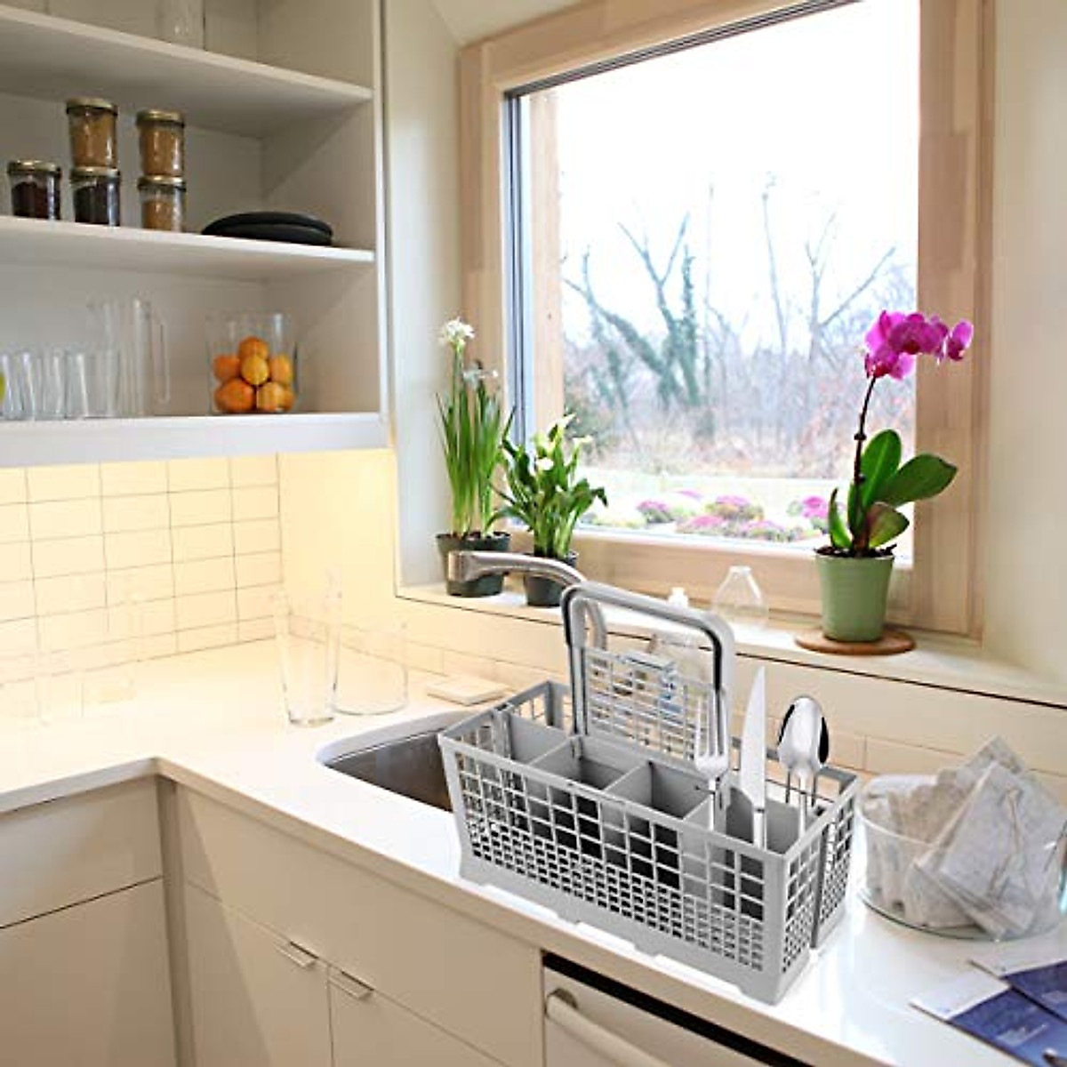 SOLUSTRE Utensil Drain Basket Cutlery Drying Rack Plastic Chopsticks Utensil Sponge Holder Divided Sink Dishwasher Rack Drainer Caddy with Handle for Soap Dishwashing Liquid Drainer