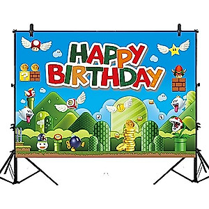 DIZHI Super Bros Happy Birthday Party Decorations Supplies for Boy Adventure Theme Cartoon Video Game Banner Children Happy Birthday Party Decor Supplies Photography Poster Backdrop 5x3ft