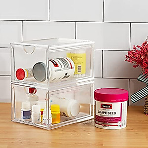 ECOSEAO Stackable Clear Drawers Units 2 Pack 4-1/2" Medium Storage Square Vanity Container Easy Drawers for Countertop Bathroom Bedroom Dresser