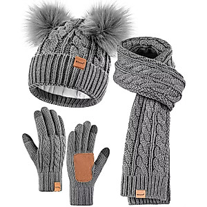 Winter Hat Scarf Glove Set for Women, Warm Fleece Lined Womens Beanie Hat with Double Pom Pom, Gloves with Touchscreen Fingers, Knit Scarf Neck Warmer for Cold Weather-Grey